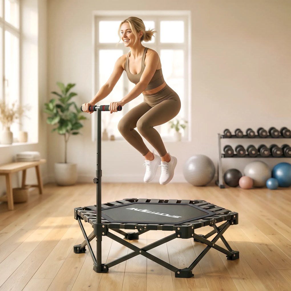 SPORTNOW Fitness trampolína s nastavitelnou T-rukojetí, skládací, taška na přenášení, nosnost 120 kg, ocel, plast, černá barva