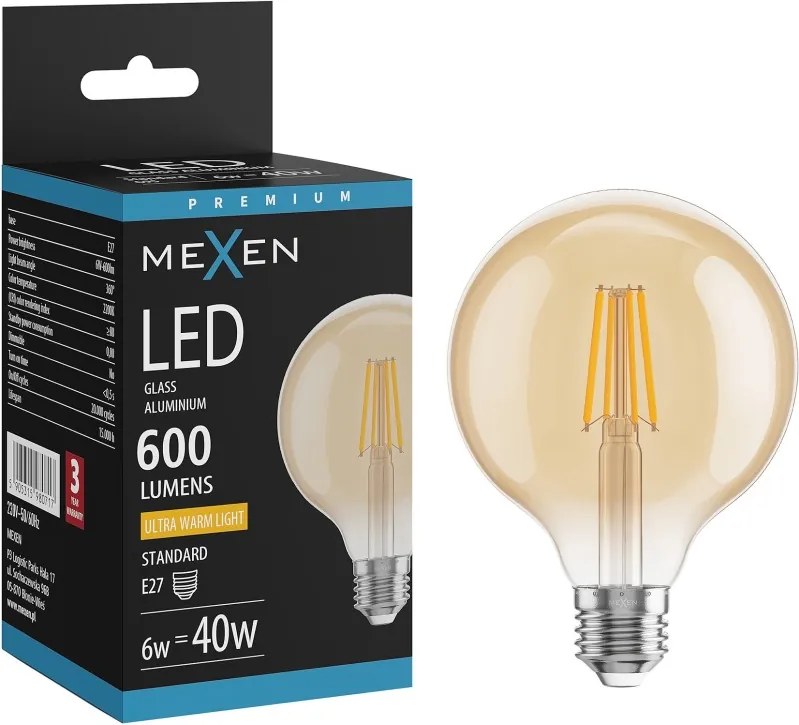 Mexen Vintis, LED žárovka E27, G95, 6W, Teplá - 2200K, 600 lm, jantarová - L157-E27-0622-50