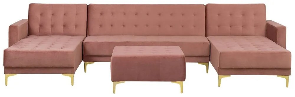 Rozkládací sedací souprava tvaru U s taburetem růžový samet ABERDEEN Beliani