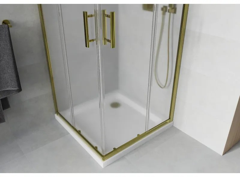 Mexen Rio, čtvercový sprchový kout s posuvnými dveřmi 80 (dveře) x 80 (dveře) x 190 cm, 5mm sklo námraza, zlatý profil + bílá sprchová vanička SLIM, 860-080-080-50-30-4010G