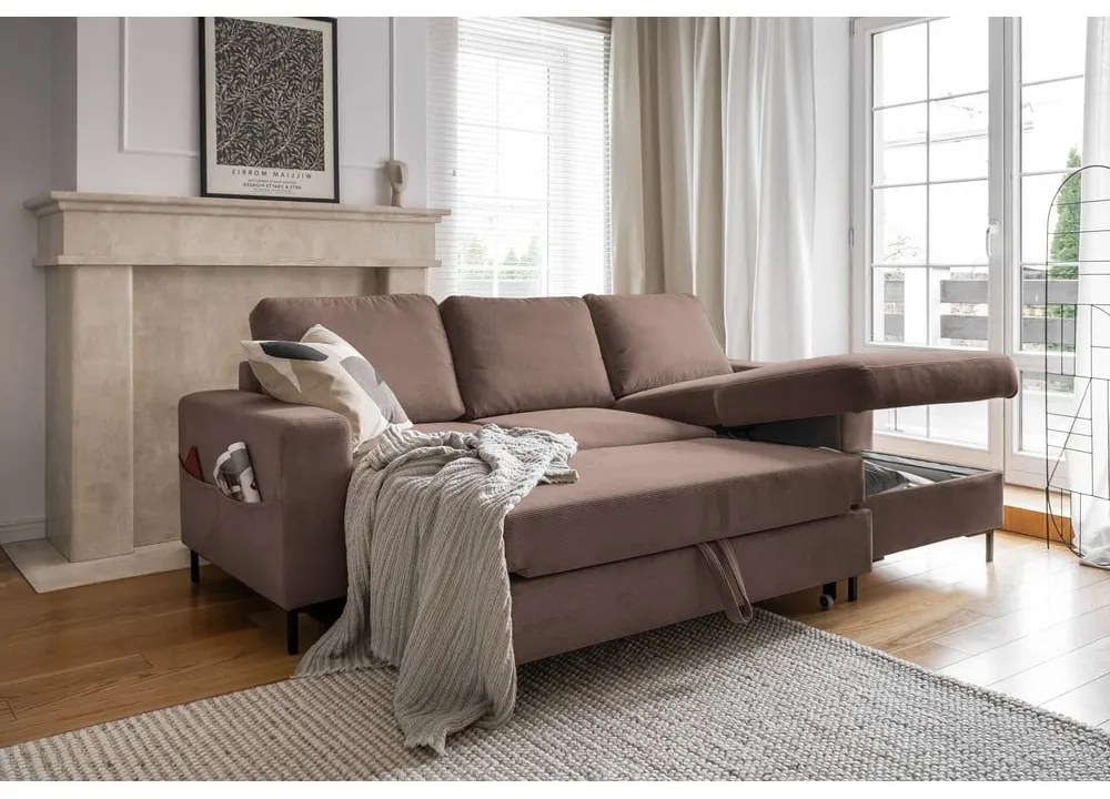 Hnědá manšestrová rozkládací rohová pohovka (pravý roh) Lofty Lilly – Miuform