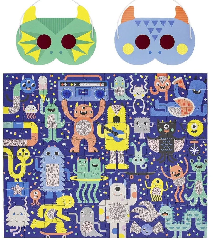 Petit Collage Puzzle příšerky 100 ks s 3D brýlemi