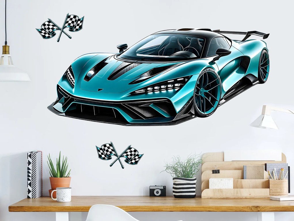 Tyrkysový sporťák textilní přelepitelná samolepka na zeď arch 47 x 21 cm