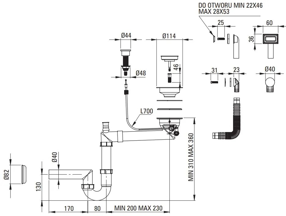 Deante Granite sink waste kit, 1-bowl - Space-Saver