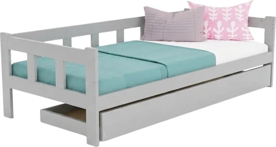 Benlemi Dřevěná jednolůžková postel FENCE 4v1 se zábranou a úložným šuplíkem Zvolte barvu: Tmavě šedá, Zvolte rozměr: 80x200 cm, Zvolte zábranu: S jednou zábranou vlevo
