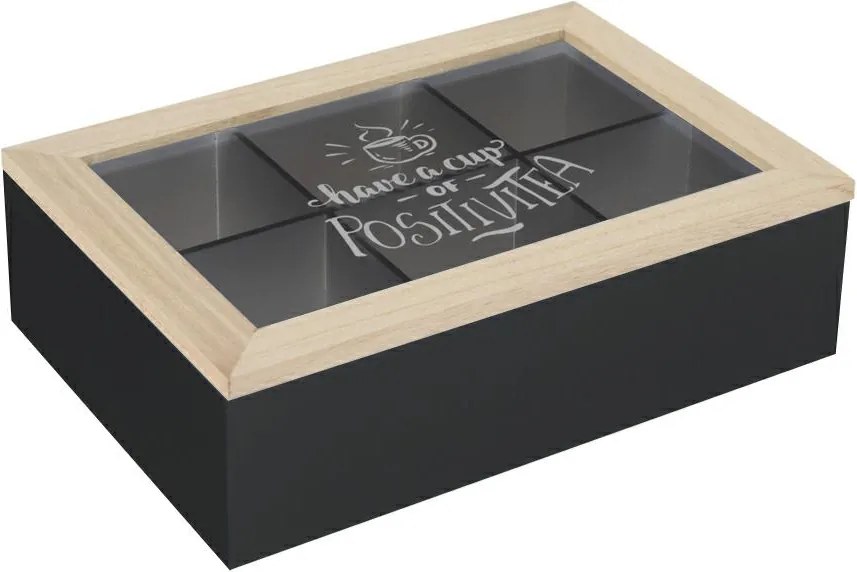 Dřevěný organizér na čaj Positive Black, 24x16,5x7 cm