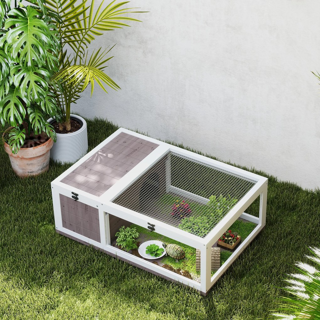 PawHut Dřevěný dům pro želvy, želví výběh s hlavními domky a otevíracím vrchním krytem 91x60,5x32 cm, hnědý