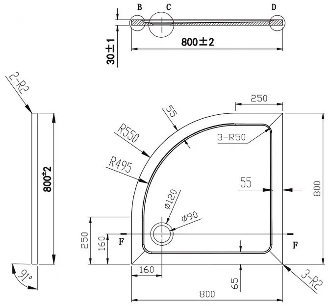 Olsen Spa Čtvrtkruhová mramorová sprchová vanička VENETS Rozměr A - 80 cm, Rozměr B - 80 cm VANKCTVRT80