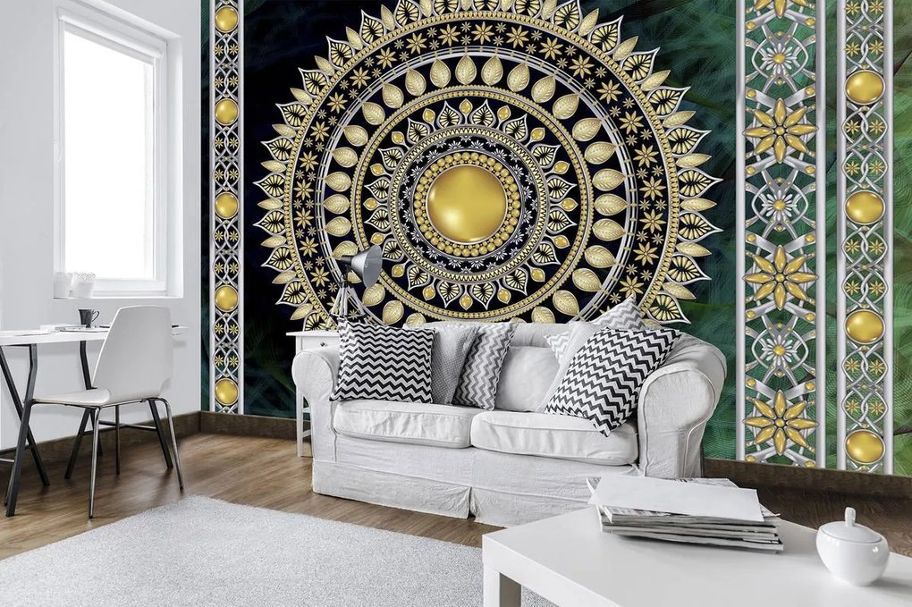 Fototapeta - Zlatá mandala v zelené (152,5x104 cm)