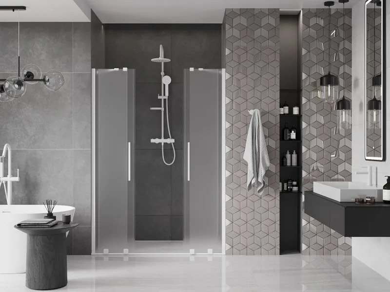 Mexen Velar Duo, posuvné sprchové dveře do otvoru 140 cm, 8mm sklo námraza, bílá matná, 871-140-000-32-20
