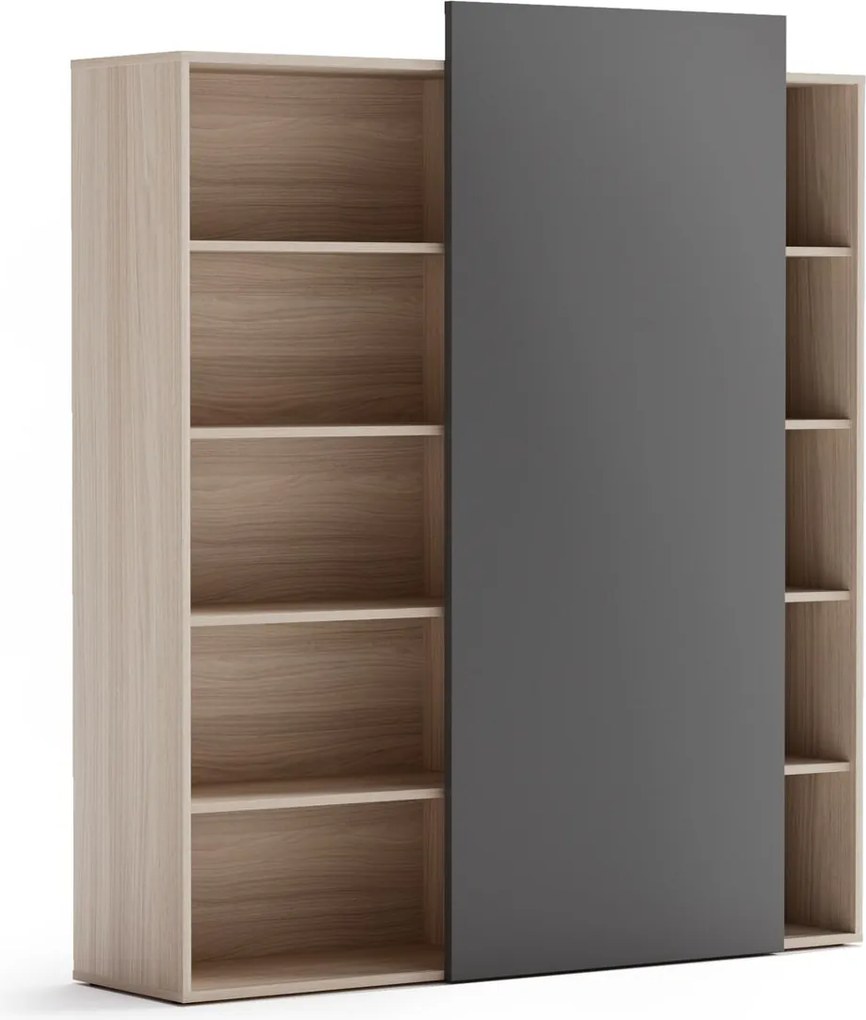 Kancelářský regál s posuvným panelem BLOCK, 1600 x 400 x 1748 mm, dub přírodní/grafitová
