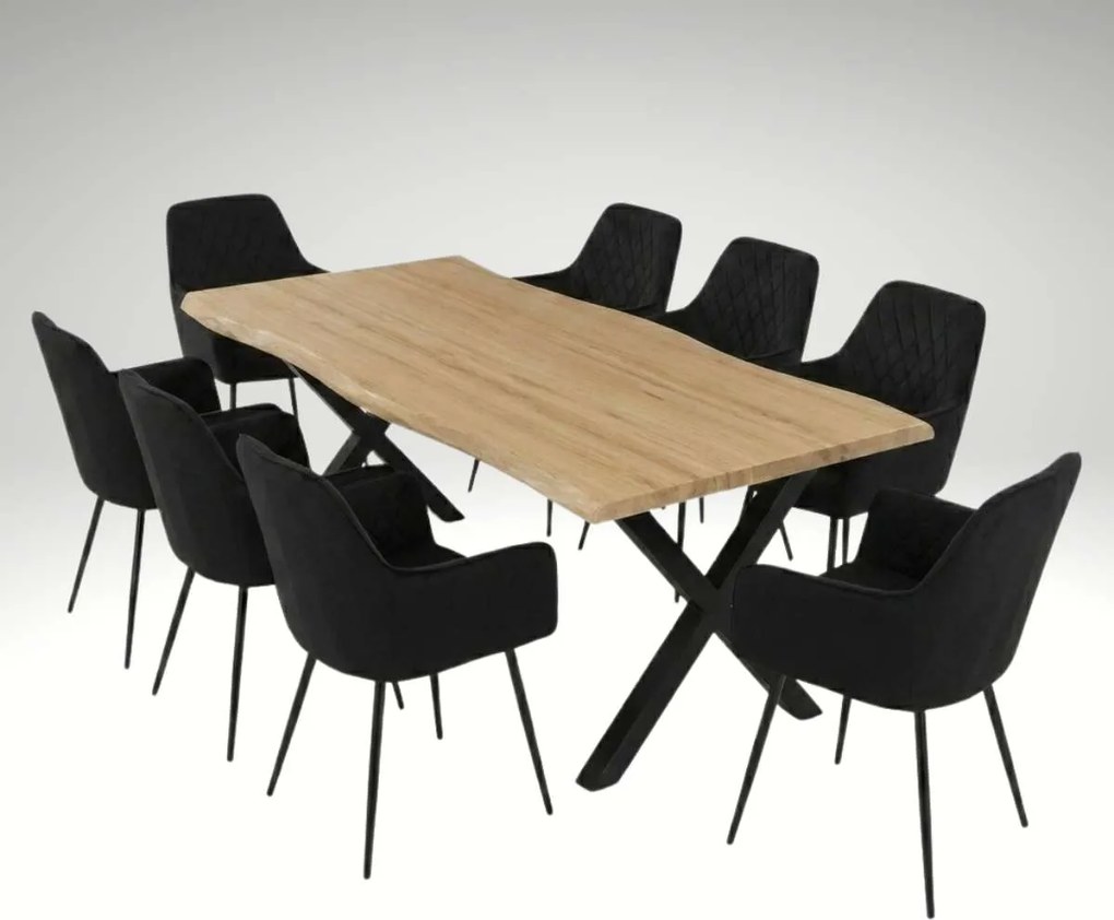 Vikio Jídelní set pro 8 osob 180x90 cm soft dub noha X černá židle s područkami VJS228-8C