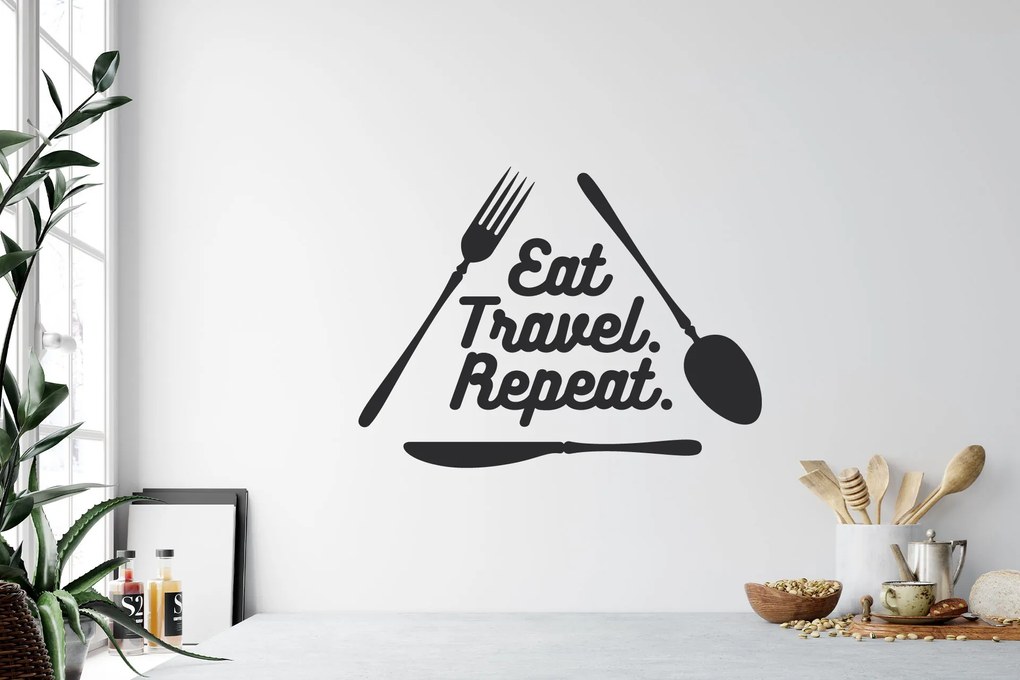 Samolepka na zeď Eat, travel, repeat Barevná varianta: Černá, Velikost (šířka x výška): 40x30cm