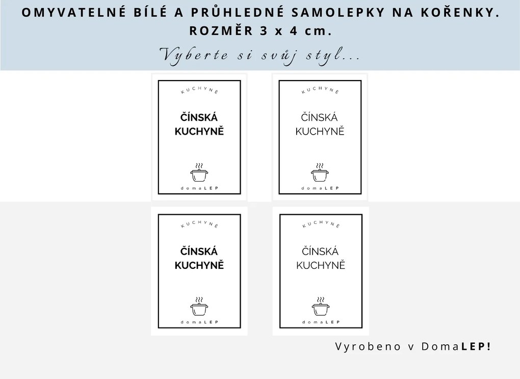 ČÍNSKÁ KUCHYNĚ - Samolepka na kořenky 3 x 4 cm - DomaLEP varianta: PRŮHLEDNÁ - tučné písmo