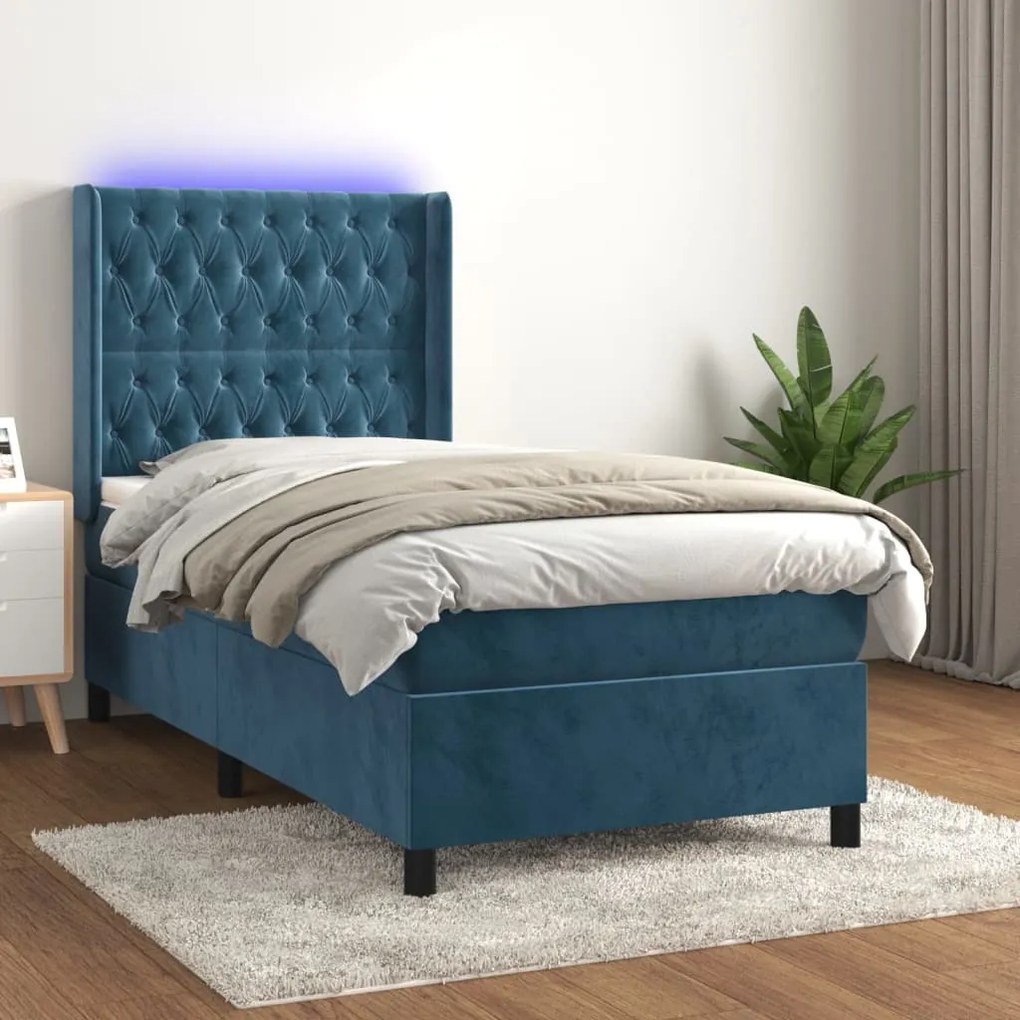 Box spring postel s matrací a LED tmavě modrá 80 x 200 cm samet 3139713