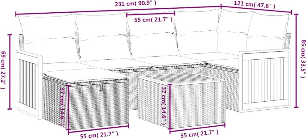 7dílná zahradní sedací souprava s poduškami černá polyratan 3265738