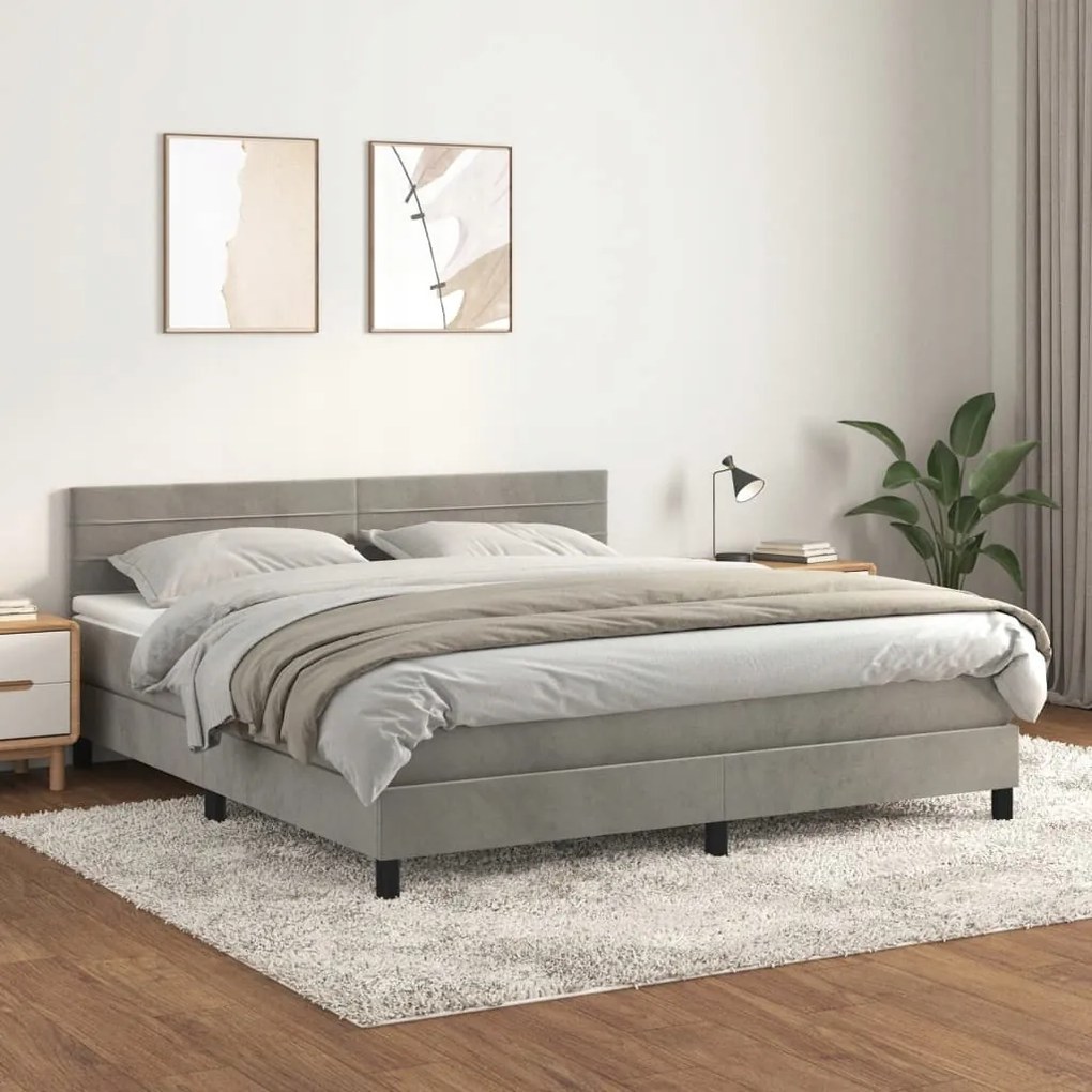 Box Spring Postel S Matrací Samet Světle Šedá vodorovné pruhy 160 x 200 c