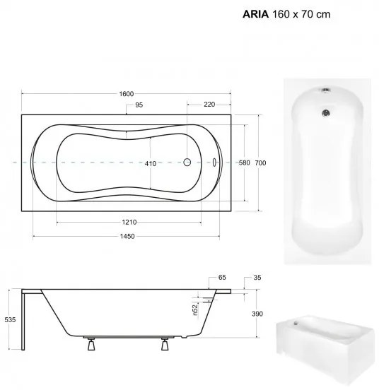 BESCO Obdélníková vana ARIA PLUS Nožičky k vaně - S nožičkami, Rozměr vany - 160 × 70 cm VANARIA160PLUS+OLVPINOZ