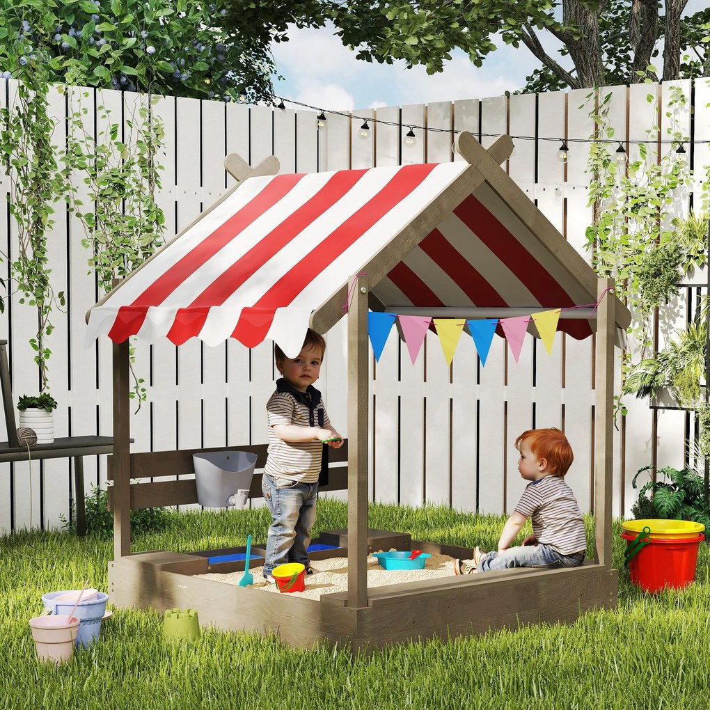 Outsunny Pískoviště s ochranou proti slunečnímu záření, design domečku na hraní, se sadou hraček, opracované masivní dřevo, 124 x 116 x 146 cm, šedá …