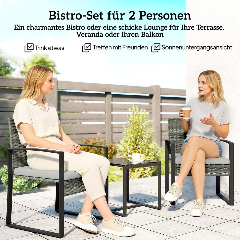 Ratanový bistro set, 3dílná sada zahradního nábytku se 2 zahradními židlemi, konferenčním stolkem, odnímatelnými polštáři, světle šedý