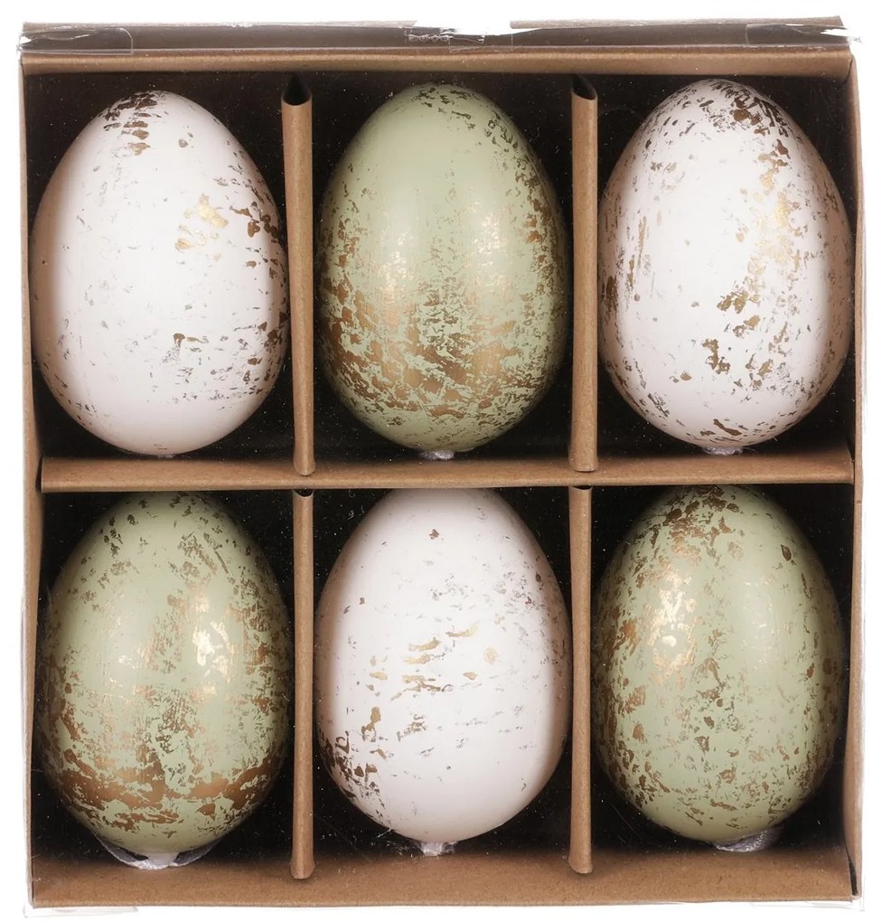 Sada umělých velikonočních vajíček zlatě zdobených, zeleno-bílá, 6 ks