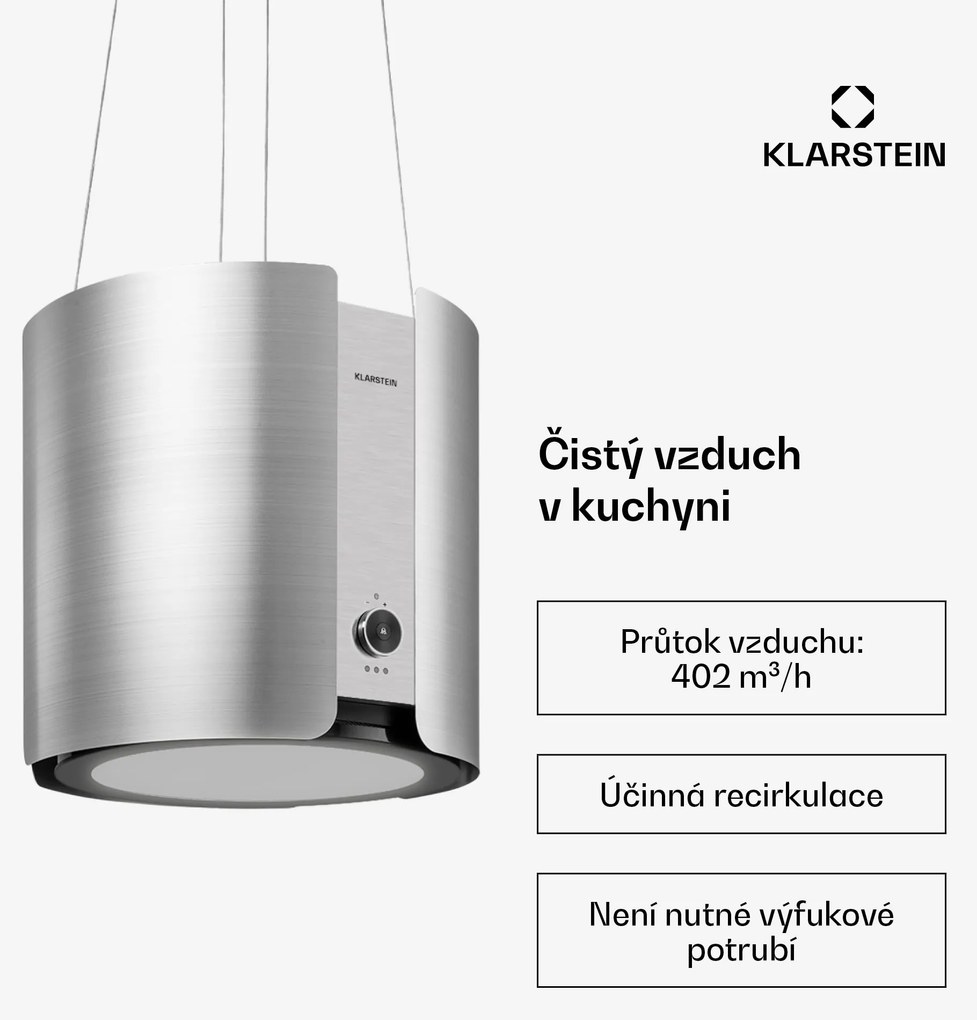 Klarstein Skyfall, digestoř, 45 cm, ostrůvková, 402 m³/h, LED, nerezová ocel, stříbrná