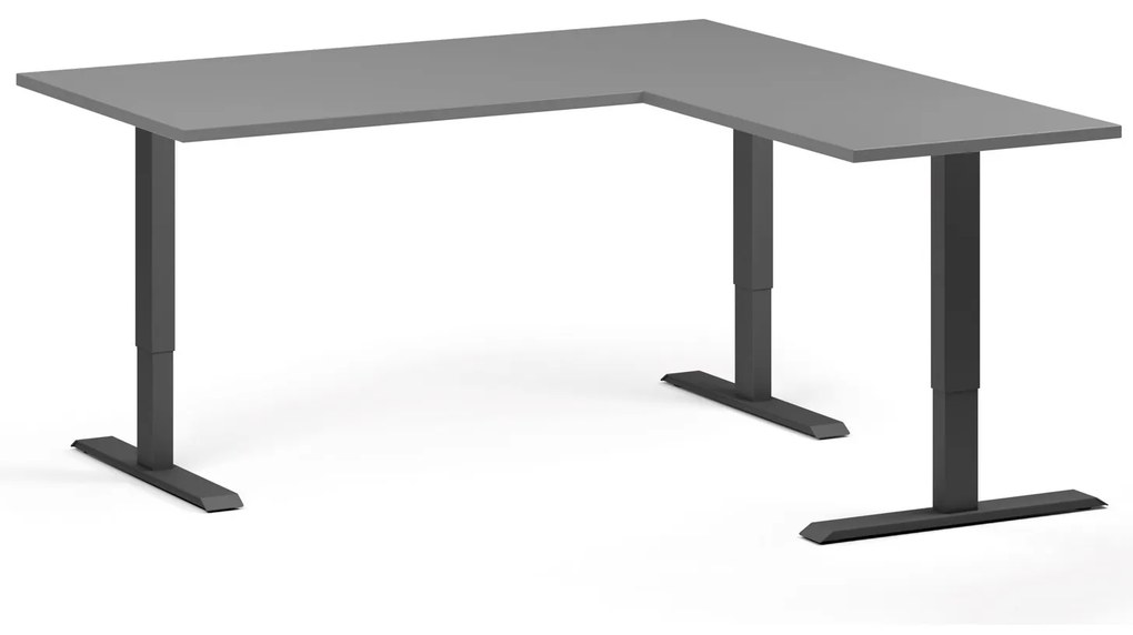 Rohový výškově nastavitelný stůl, 160x160 cm, 3 motory, L/P, černá podnož, grafit