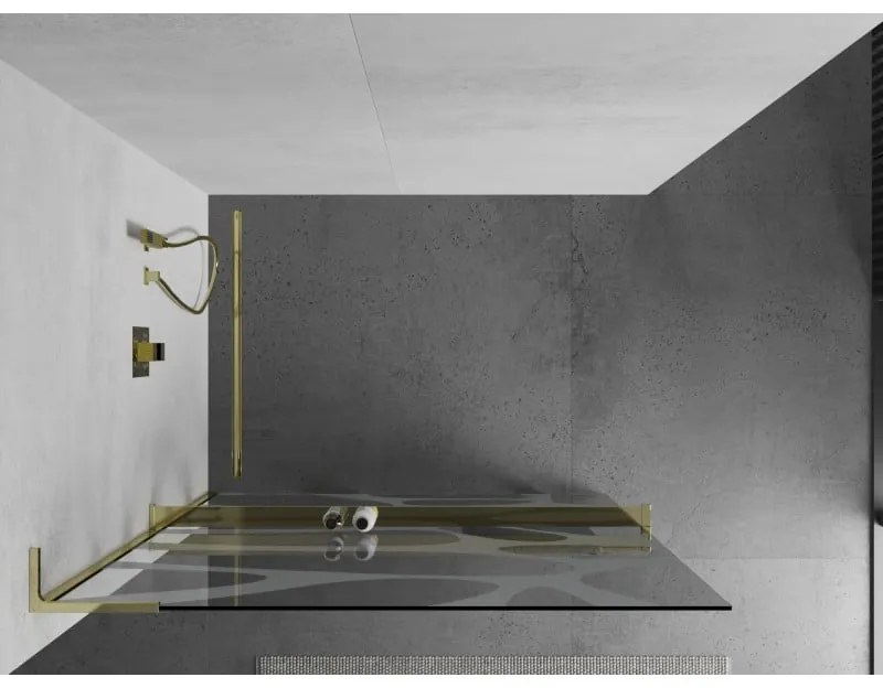 Mexen Kioto+ L, sprchová zástěna Walk-In s poličkou a věšákem 80 x 200 cm, 8mm čiré sklo bílý vzor, zlatý lesklý profil, 800-080-123-50-97
