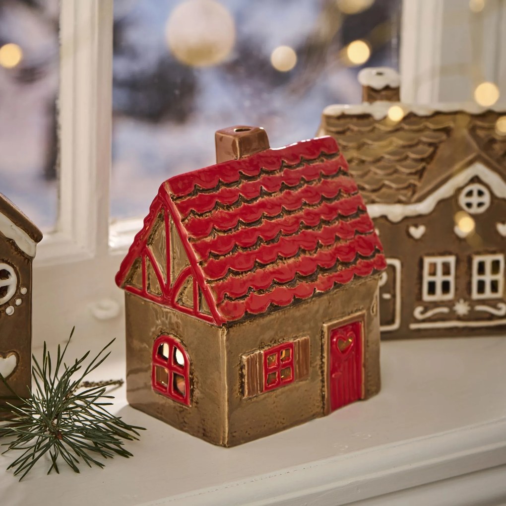 Ib Laursen Keramický svícen Stillenat Red Roof and Red Door, červená barva, keramika