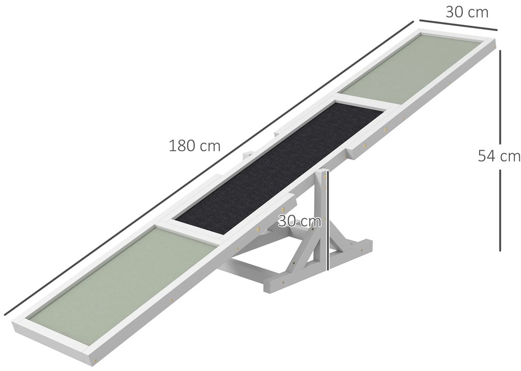 PawHut houpačka pro psy, dřevěná houpačka pro agility, protiskluzová rampa pro psy do 30 kg, pro rovnováhu, 180 x 30 cm Bílá
