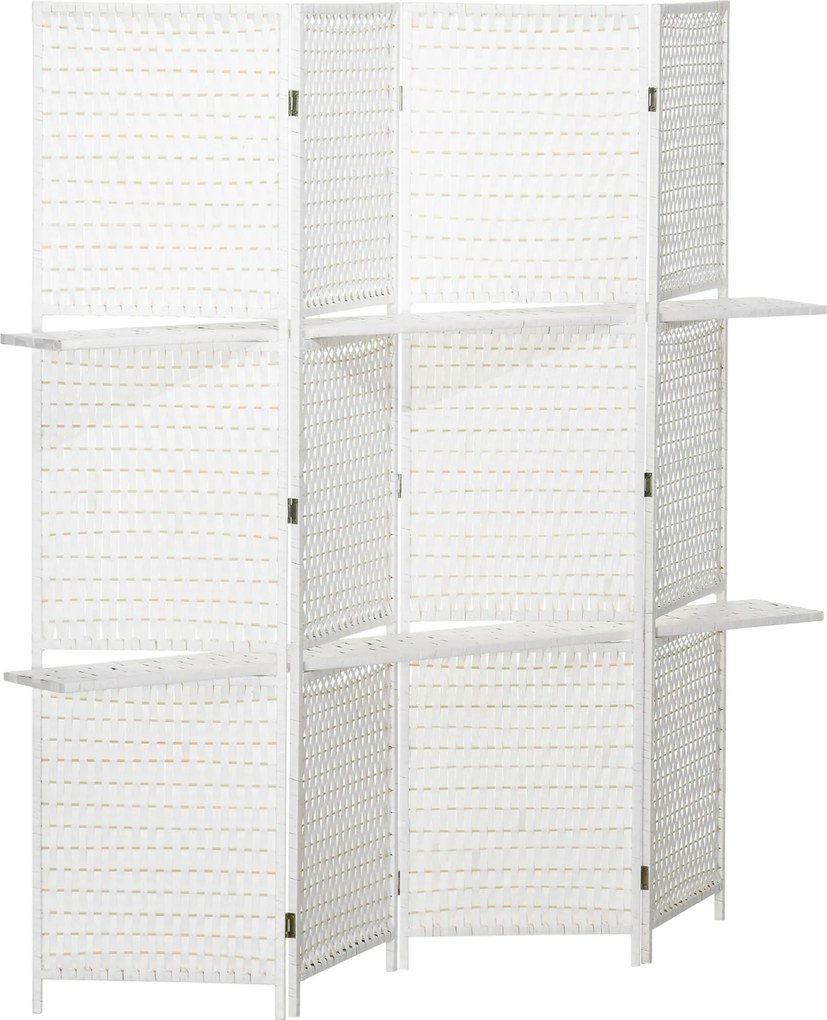 HOMCOM Skládací paraván se 4 panely 181x180 cm s policemi, dekorativní oddělovací příčka do ložnice, obývacího pokoje, kuchyně - Bílá