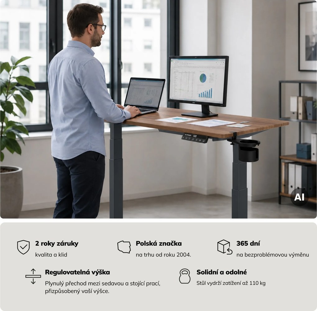 Elektrický stůl s regulací výšky ergonomický antracitový/ořech,1200x600 mm: ARIA