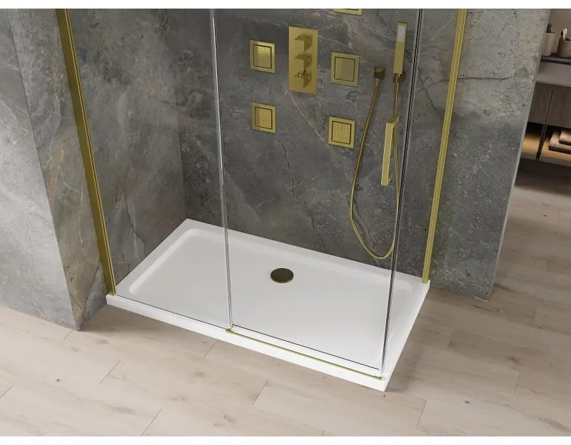 Mexen Omega posuvný sprchový kout 140 x 70 cm, 8mm sklo, zlatý profil-čiré sklo + slim sprchová vanička 5cm, 825-140-070-50-00-4010