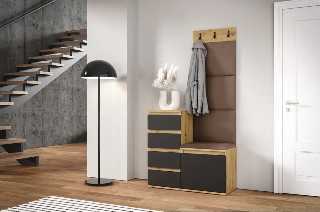 Eka Předsíňová stěna s čalouněnými panely Trinity 36 - Dub Artisan s černou / Hnědá 2307