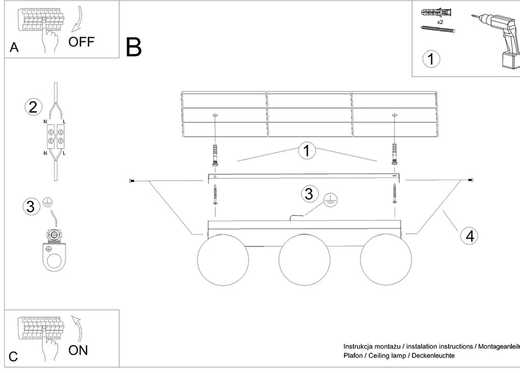 Stropní svítidlo Yoli, 3x bílé skleněné stínítko, b