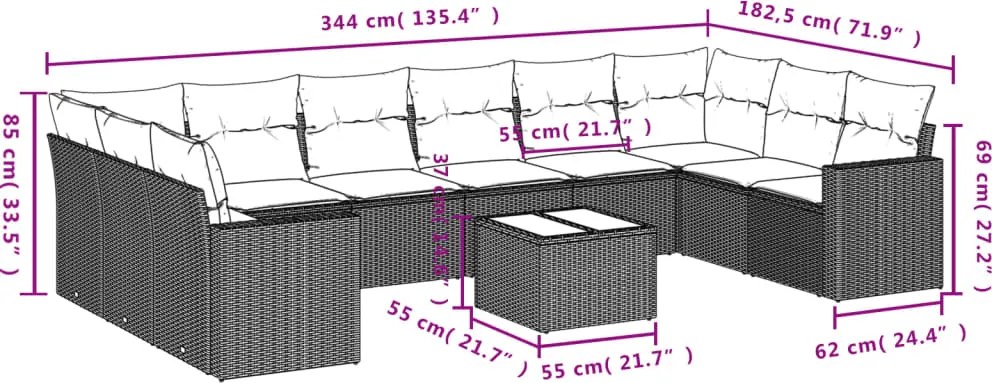 11dílná zahradní sedací souprava s poduškami šedá polyratan 3251819