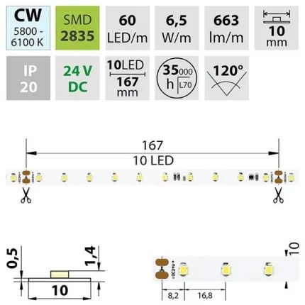 LED pásek McLED 24V studená bílá š=10mm IP20 6,5W/m 60LED/m SMD2835 ML-126.801.60.8