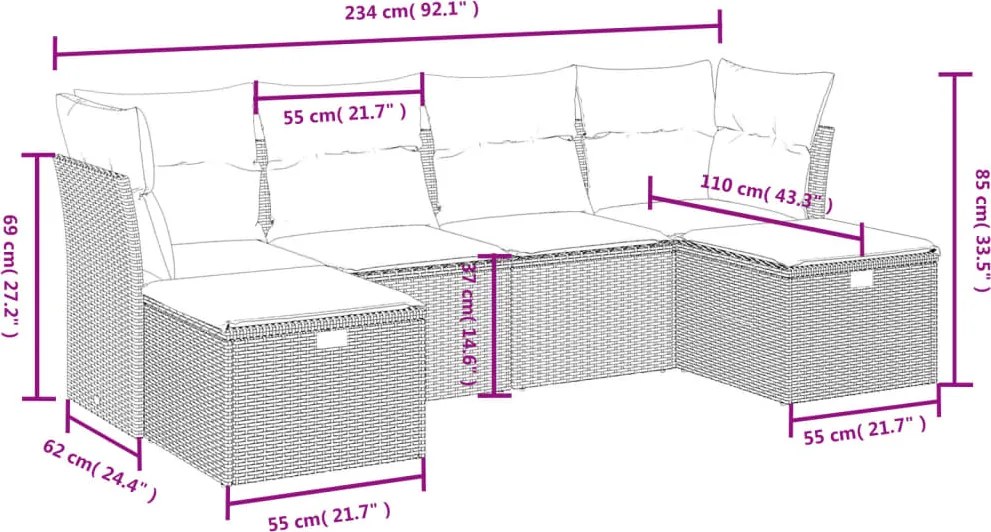6dílná zahradní sedací souprava s poduškami šedá polyratan 3263236