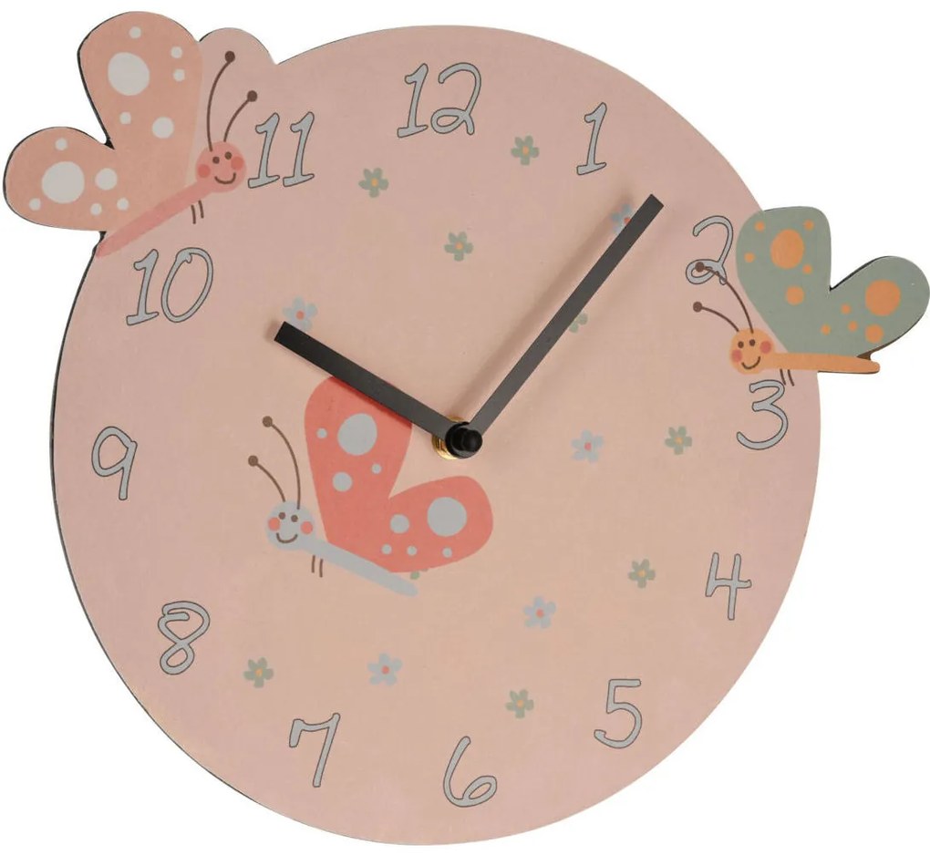 Nástěnné hodiny do dětského pokoje MOTÝL, růžová barva, O 26 cm