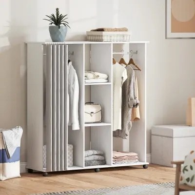 HOMCOM Šatní skříň, šatník, mobilní úložný nábytek 6 koleček 120L x 40l x 128H cm, bílý