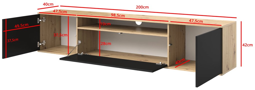 Eka Závěsný stolek pod televizi 200 cm - Černý mat - 2. jakost