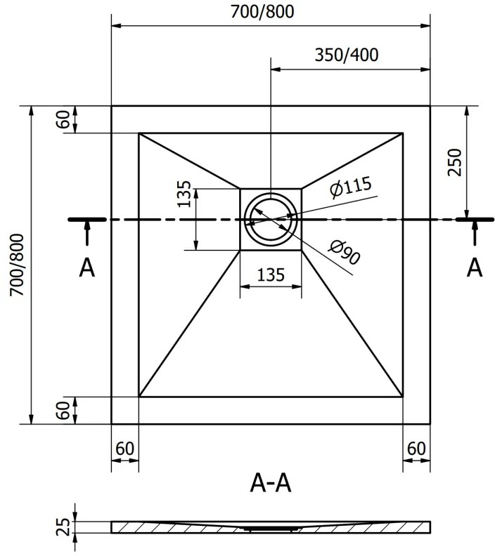 Mexen Stone+, čtvercová vanička z minerálního kompozitu 80 x 80 cm, černá matná, 44708080