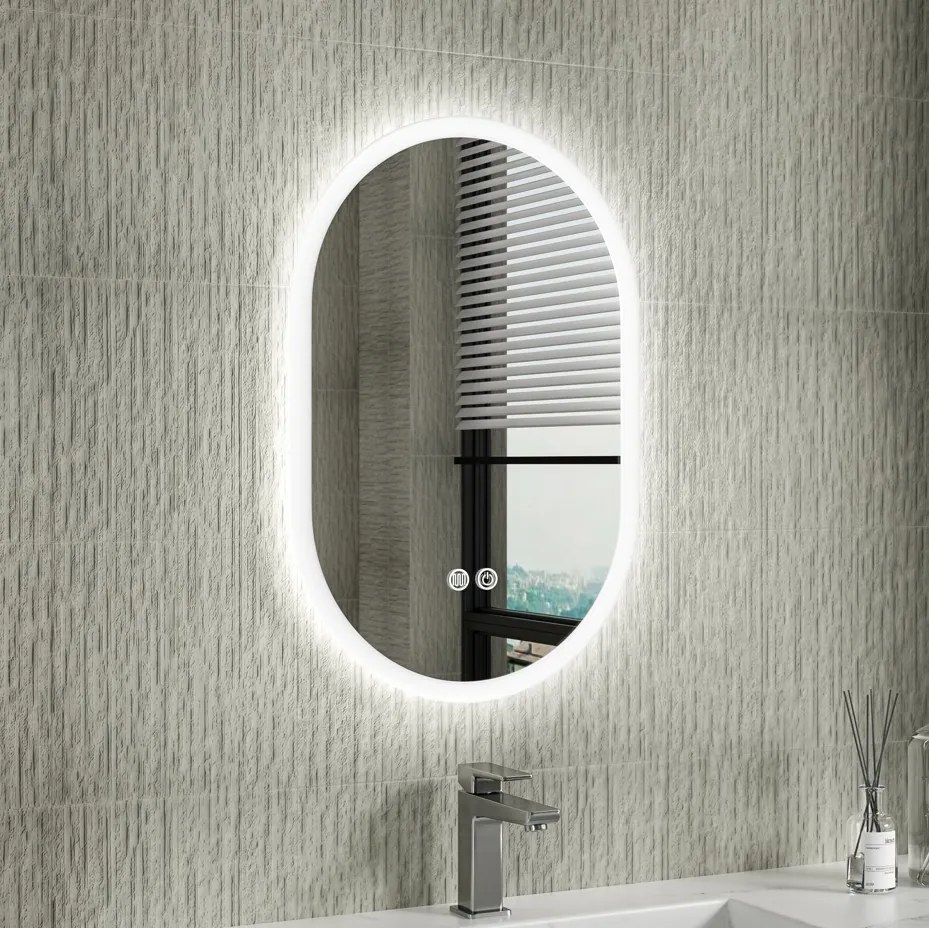 Erga Demi, oválné LED zrcadlo 40x60cm, 3 barvy světla, přední osvětlení, topná podložka proti zapaření, ERG-V01-DEMI-4060-CL