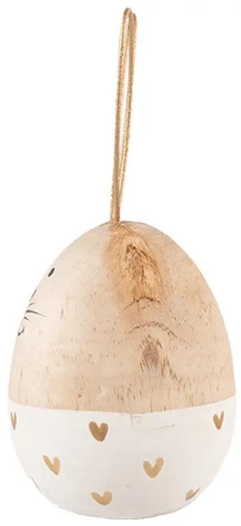 Dřevěná bílo-hnědá oválná dekorace králíčka ve tvaru vajíčka – 6x14 cm