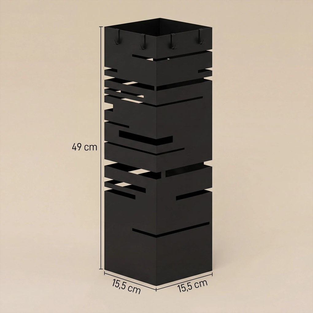 HOMCOM kovový stojan na deštníky s 4 háčky a odnímatelnou miskou, černý — do předsíně nebo kanceláře, 15,5 × 15,5 × 49 cm