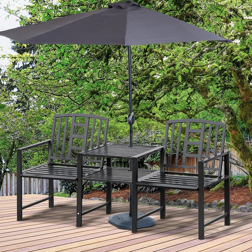 Outsunny Moderní zahradní lavice pro 2 osoby s stolem a otvorem na slunečník, venkovní nábytek 165x56x85,5cm Černá
