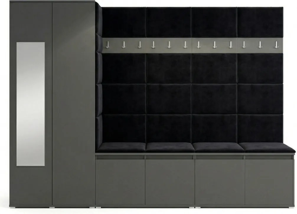 Předsíňová stěna Trinity 9 s čalouněnými panely, 290 cm, grafit/ černá