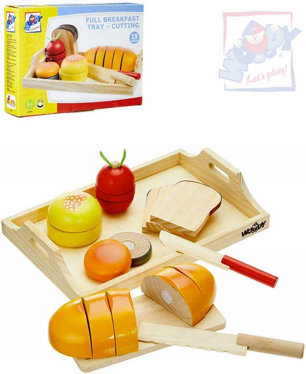 WOODY DŘEVO Tác se snídaní makety potravin na krájení set se 2 nožíky 91904