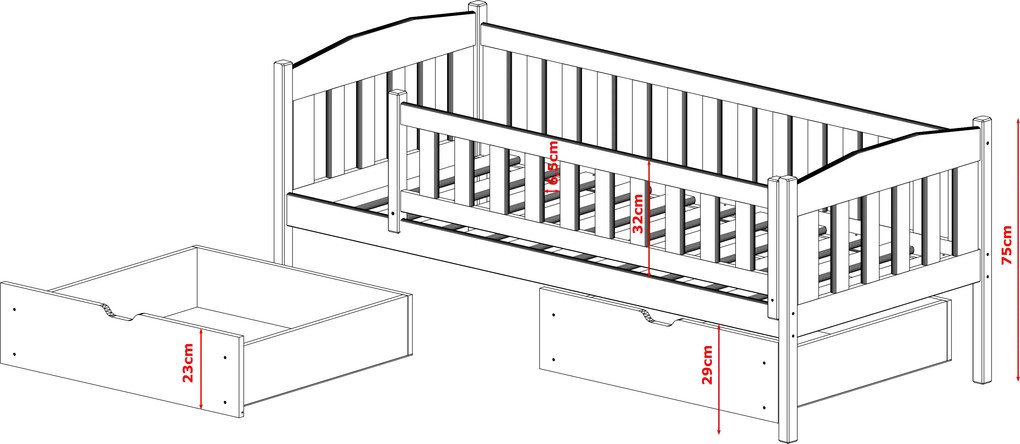 Dětská postel z masivu GANDALF se šuplíky - 200x90 cm - ŠEDÁ