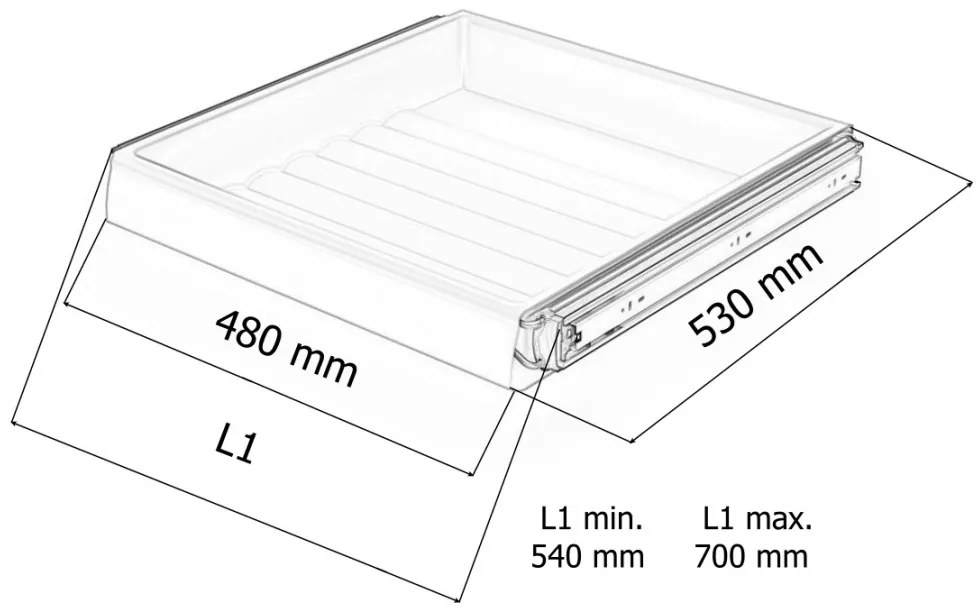 In-Design Plastová polička na prádlo plný výsuv tlumené zavírání antracitová Šířka koše (mm): 480 mm, Minimální nastavitelná šířka: 540 mm, Maximální nastavitelná šířka: 700 mm
